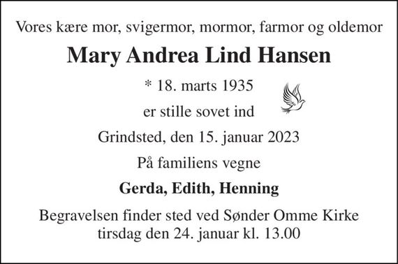 Mary Andrea Lind Hansen | Dødsannoncer i Danmark