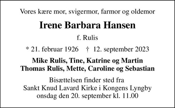 Irene Barbara Hansen | Dødsannoncer i Danmark