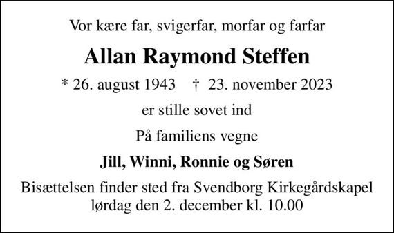 Allan Raymond Steffen | Dødsannoncer i Danmark