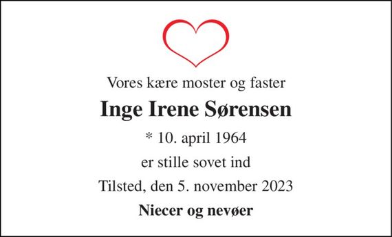 Inge Irene Sørensen | Dødsannoncer i Danmark