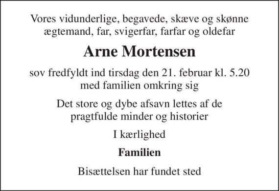 Arne Mortensen | Dødsannoncer i Danmark