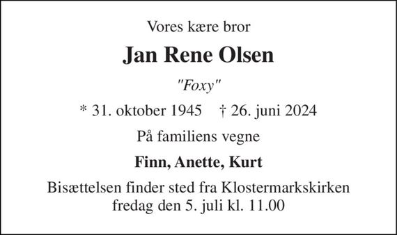 Jan Rene Olsen | Dødsannoncer i Danmark
