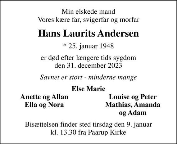 Hans Laurits Andersen | Dødsannoncer i Danmark