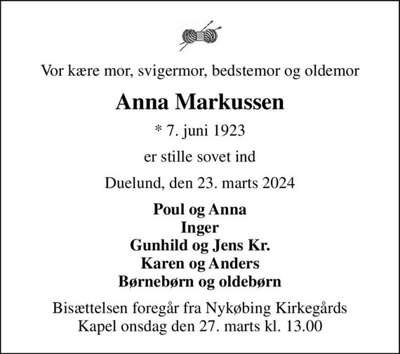 Anna Markussen | Dødsannoncer i Danmark
