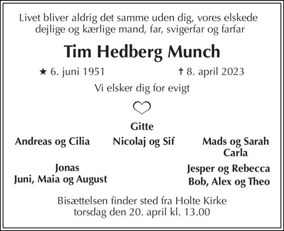 Tim Hedberg Munch | Dødsannoncer i Danmark