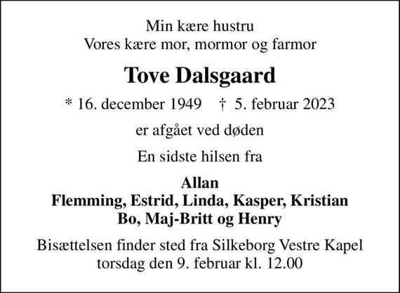 Tove Dalsgaard | Dødsannoncer i Danmark