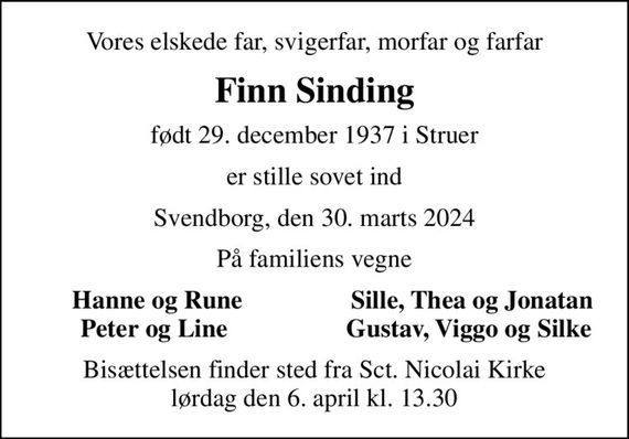 Finn Sinding | Dødsannoncer i Danmark