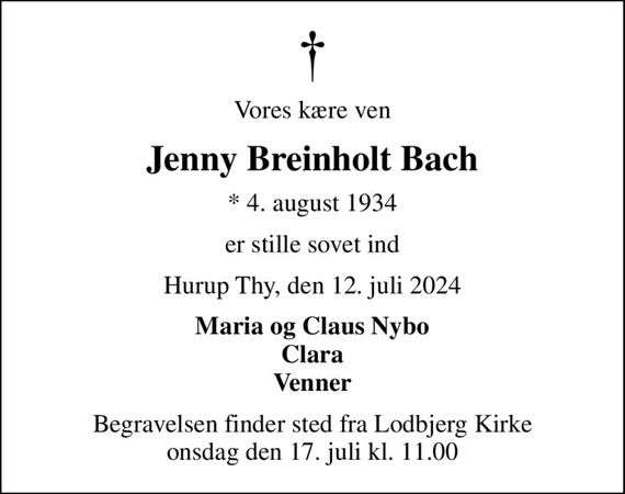 Jenny Breinholt Bach | Dødsannoncer i Danmark