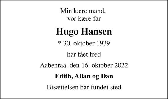 Hugo Hansen | Dødsannoncer i Danmark