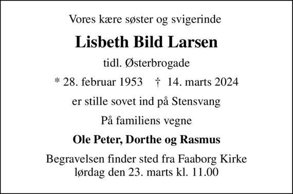 Lisbeth Bild Larsen | Dødsannoncer i Danmark