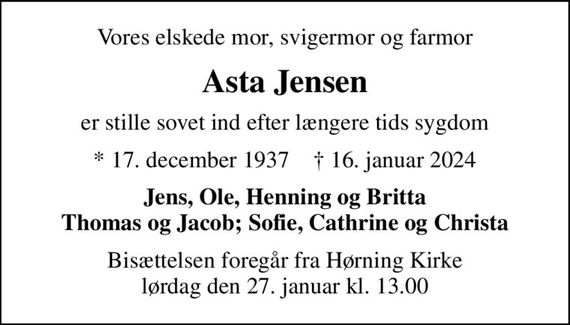 Asta Jensen | Dødsannoncer i Danmark
