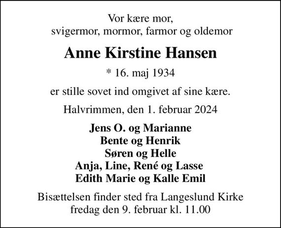 Anne Kirstine Hansen | Dødsannoncer i Danmark