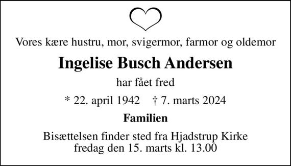 Ingelise Busch Andersen | Dødsannoncer i Danmark