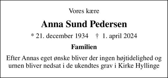 Anna Sund Pedersen | Dødsannoncer i Danmark