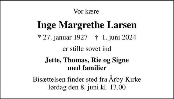 Inger Margrethe Larsen | Dødsannoncer i Danmark