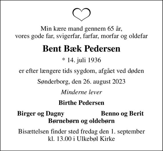 Bent Bæk Pedersen | Dødsannoncer i Danmark