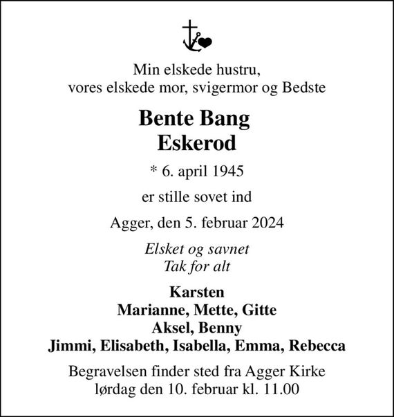 Bente Bang Eskerod | Dødsannoncer i Danmark