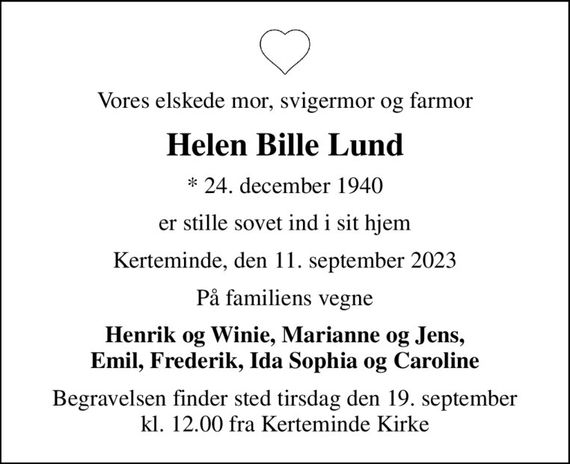 Helen Bille Lund | Dødsannoncer i Danmark