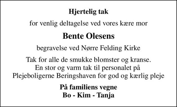 Bente Olesen | Dødsannoncer i Danmark