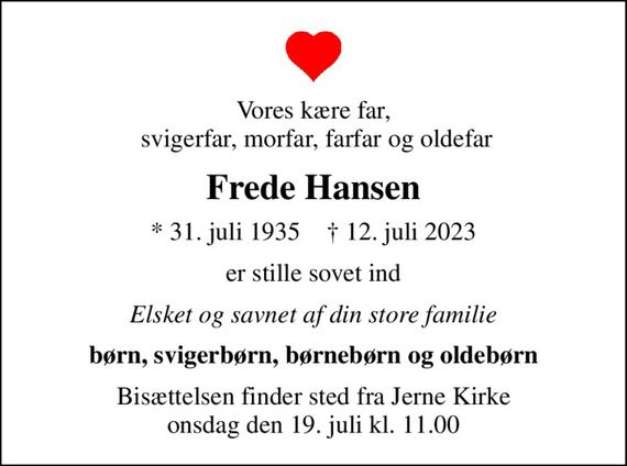 Frede Hansen | Dødsannoncer i Danmark