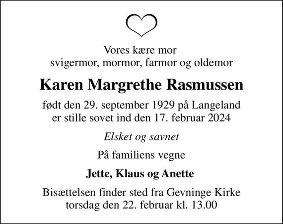 Karen Margrethe Rasmussen | Dødsannoncer i Danmark