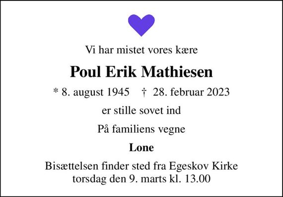 Poul Erik Mathiesen | Dødsannoncer i Danmark