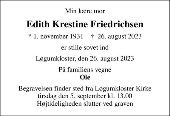 Edith Krestine Friedrichsen | Dødsannoncer i Danmark
