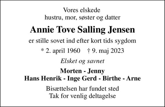 Annie Tove Salling Jensen | Dødsannoncer i Danmark