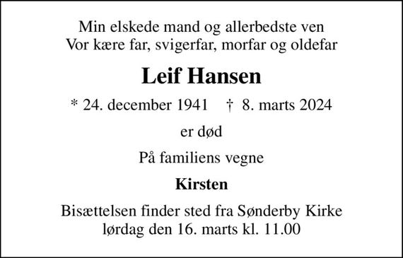 Leif Hansen | Dødsannoncer i Danmark