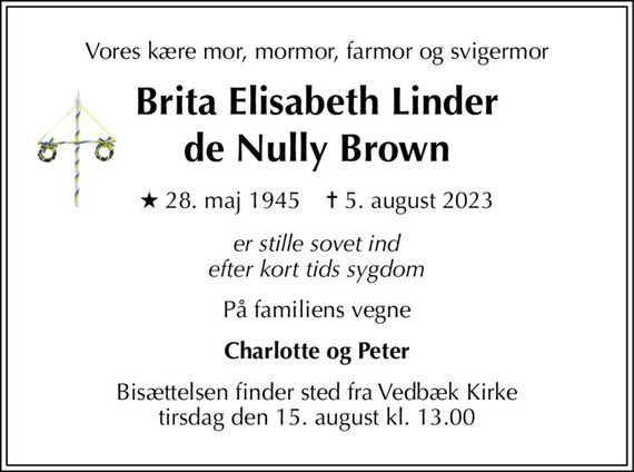 Brita Elisabeth Linder de Nully Brown | Dødsannoncer i Danmark