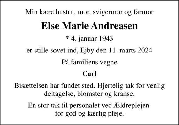 Else Marie Andreasen | Dødsannoncer i Danmark