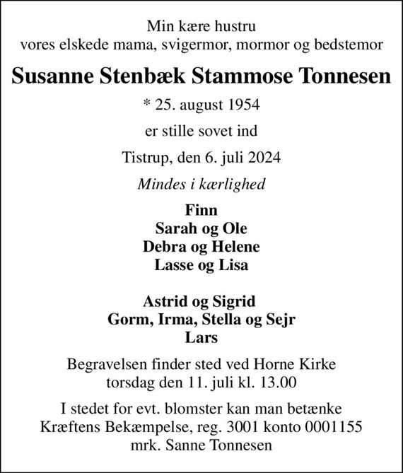Susanne Stenbæk Stammose Tonnesen | Dødsannoncer i Danmark
