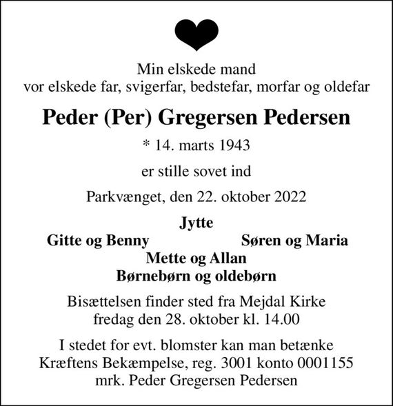 Peder Gregersen Pedersen | Dødsannoncer i Danmark