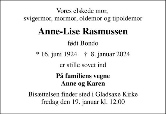 Anne-Lise Rasmussen | Dødsannoncer i Danmark