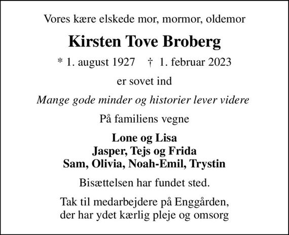 Kirsten Tove Broberg | Dødsannoncer i Danmark