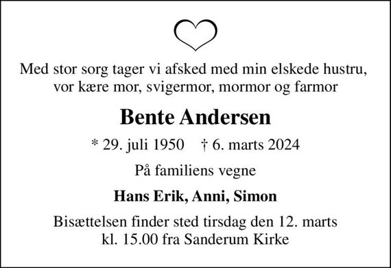 Bente Andersen | Dødsannoncer i Danmark