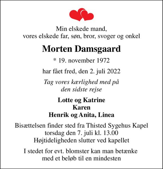 Morten Damsgaard | Dødsannoncer i Danmark