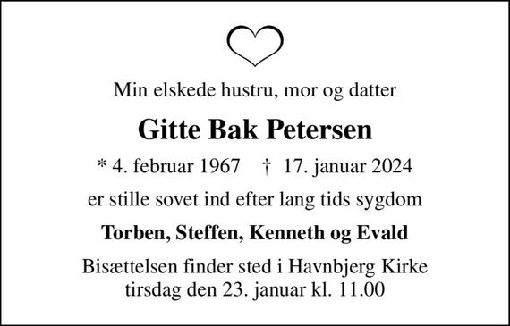 Gitte Bak Petersen | Dødsannoncer i Danmark