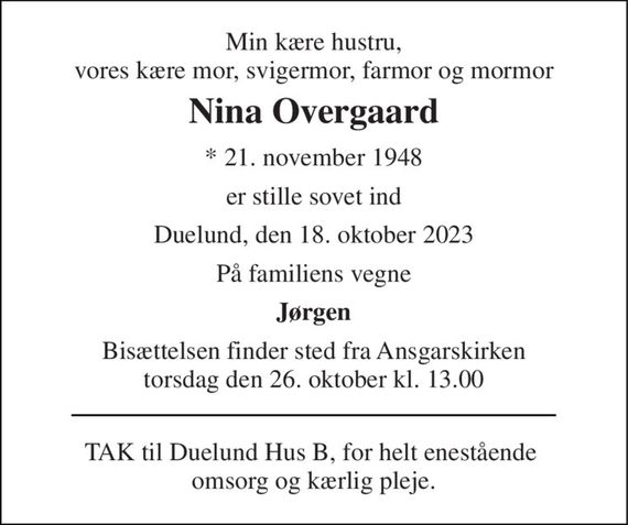 Nina Overgaard | Dødsannoncer i Danmark