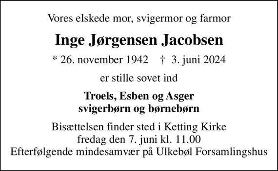 Inge Jørgensen Jacobsen | Dødsannoncer i Danmark