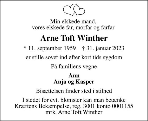 Arne Toft Winther | Dødsannoncer i Danmark