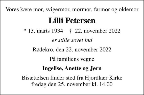 Lilli Petersen | Dødsannoncer i Danmark