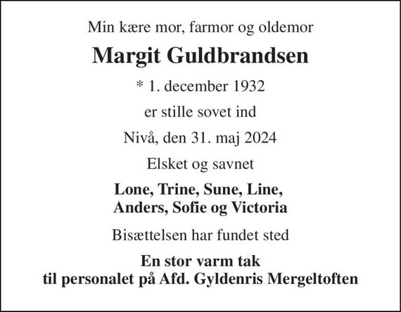 Margit Guldbrandsen | Dødsannoncer i Danmark