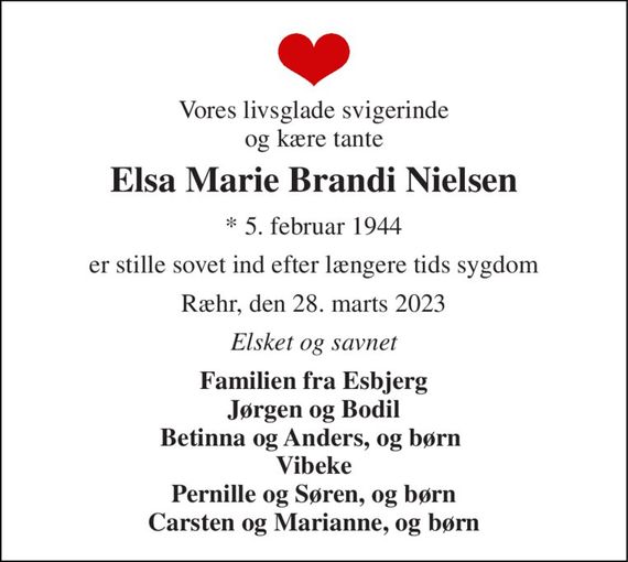 Elsa Marie Brandi Nielsen | Dødsannoncer i Danmark