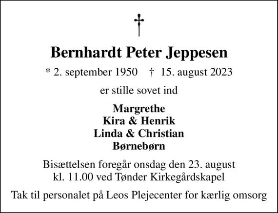 Bernhardt Peter Jeppesen | Dødsannoncer i Danmark
