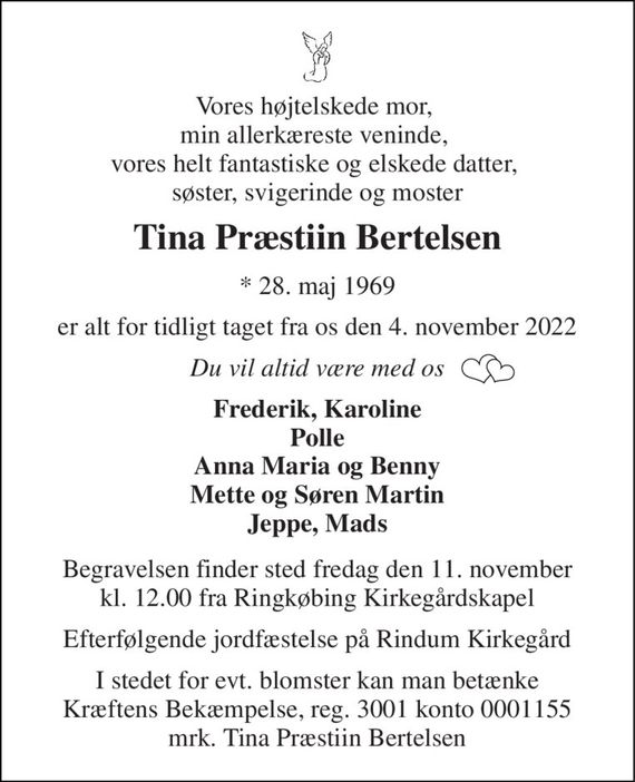 Tina Præstiin Bertelsen | Dødsannoncer i Danmark