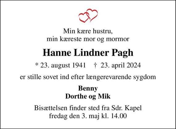 Hanne Lindner Pagh | Dødsannoncer i Danmark