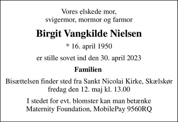 Birgit Vangkilde Nielsen | Dødsannoncer i Danmark