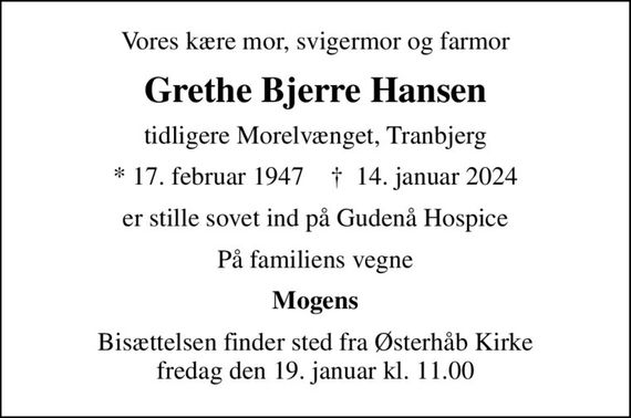 Grethe Bjerre Hansen | Dødsannoncer i Danmark