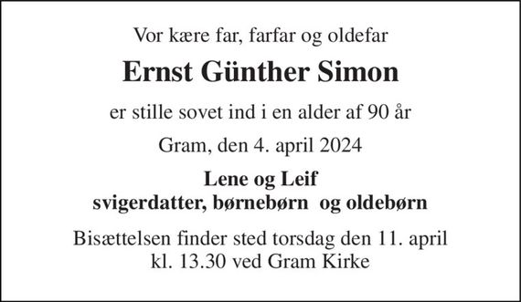 Ernst Günter Simon | Dødsannoncer i Danmark